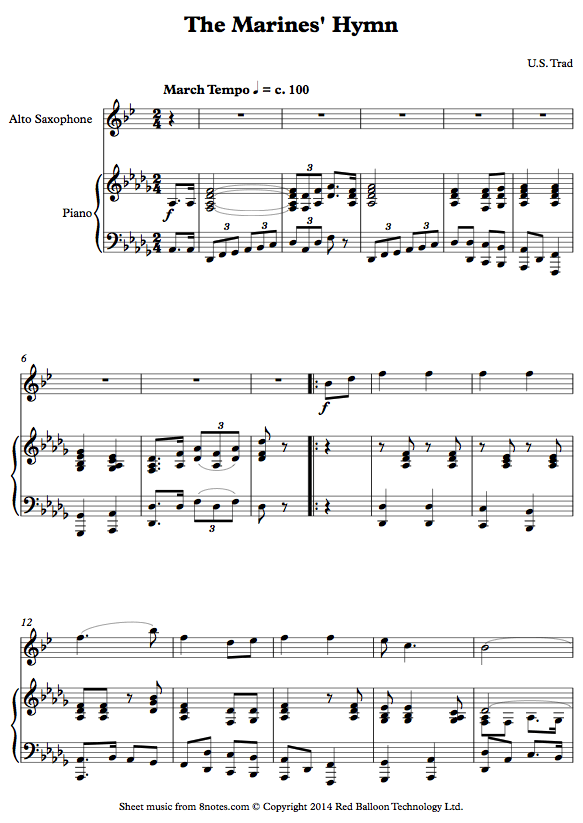 The Marines' Hymn sheet music for Saxophone - 8notes.com