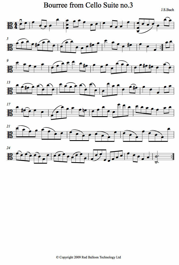 Bach - Bourree from Cello Suite no.3 sheet music for Viola - 8notes.com
